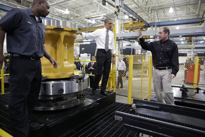 President Barack Obama tours the Linamar Corporation auto-parts plant ...
